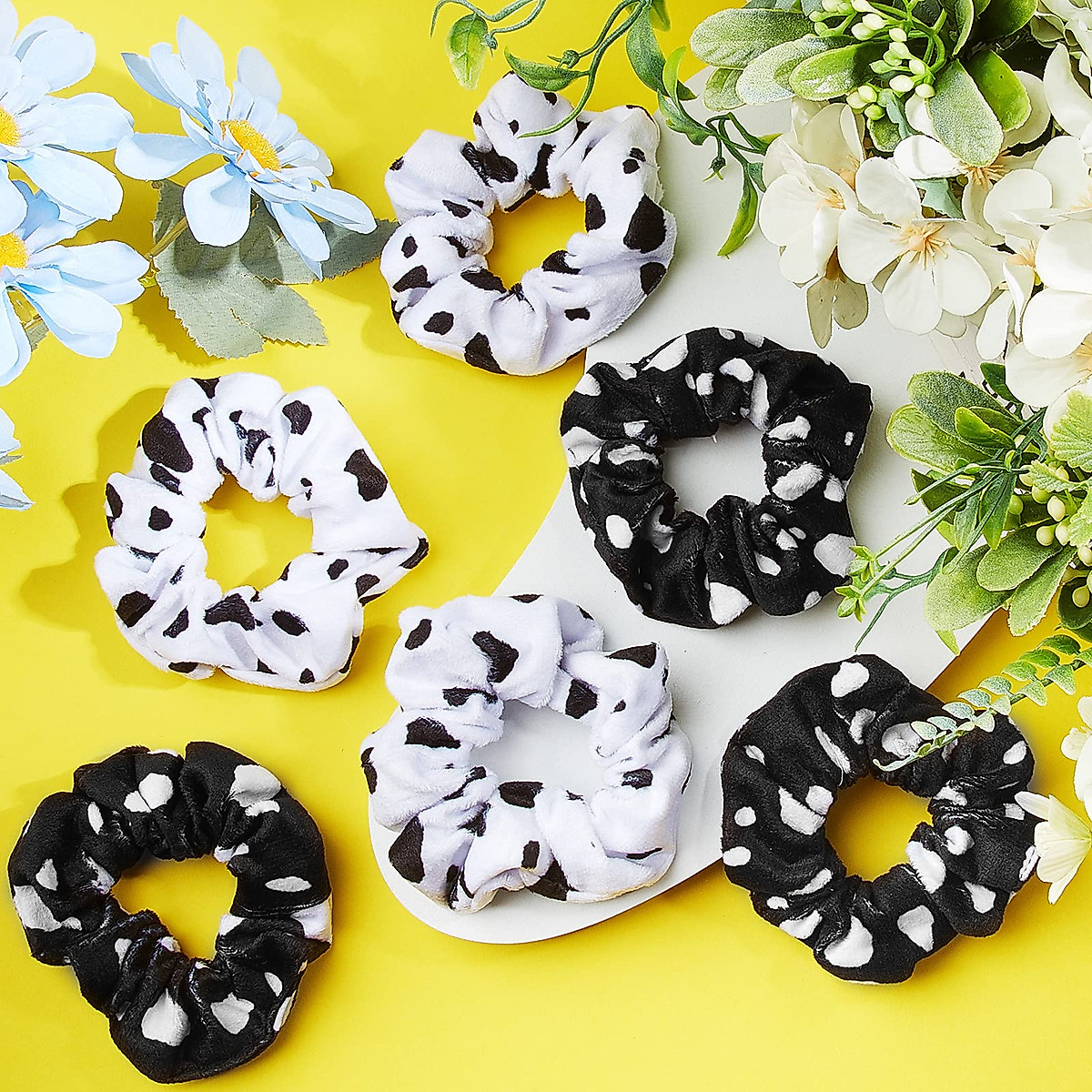 Xinnun 10 Pieces Cow Print Cloth Scrunchies Hair Ropes, White and Black, for Women Girls Hair Accessories Party Decoration Supplies