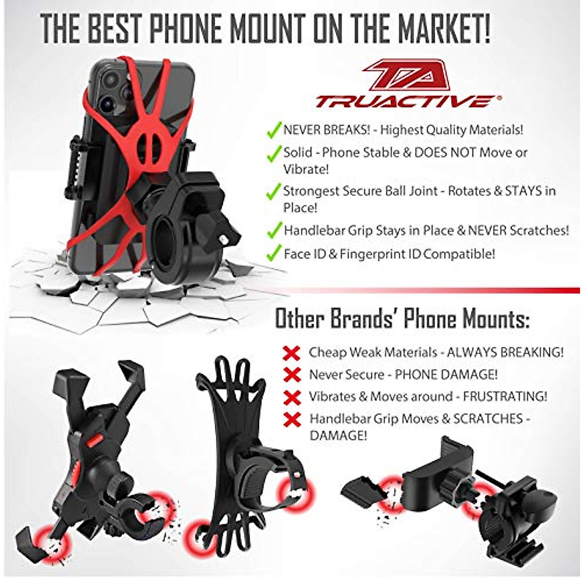 TruActive [𝗣𝗿𝗲𝗺𝗶𝘂𝗺] Bike Phone Mount Holder, Motorcycle Phone Mount, 6 Color Bands Included, Cell Phone Holder for Bike – Universal Any Phone or Handlebar, Bike Phone Holder, ATV, Tool Free