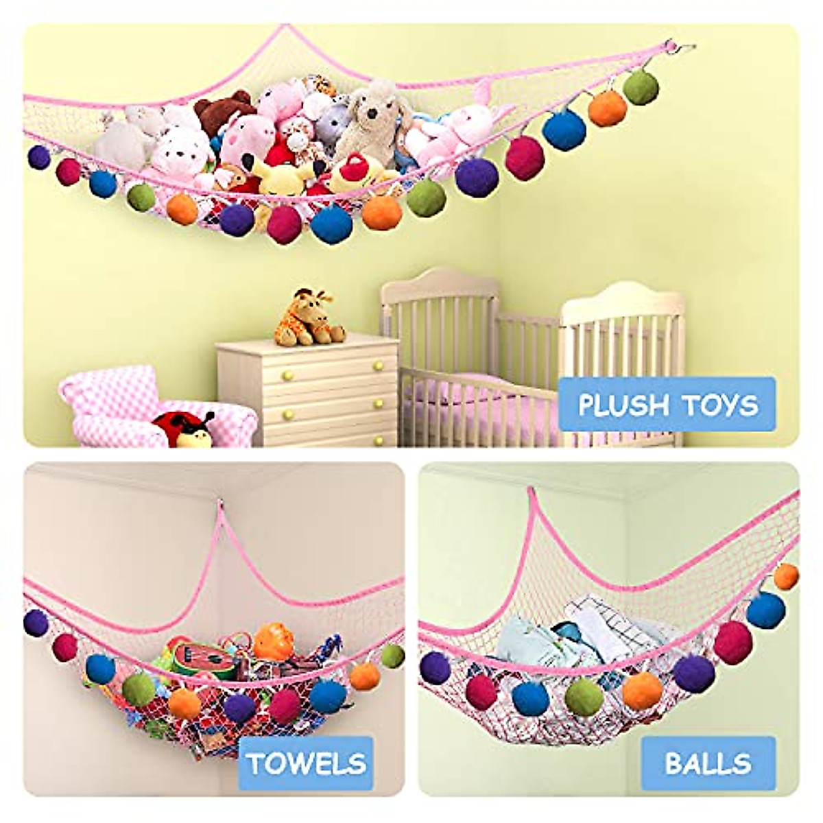 CanJoo Stuffed Animal Net, Stuffed Animal Hammock Wall Hanging Mesh Toy Net Hammock for Stuffed Animals Stuff Animal Toy Storage Organizer Net Plush Toy Corner Net Holder for Kids' Play Room Bedroom