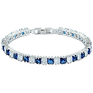 RIZILIA Ice Cube Princess Cut Simulated Blue Sapphire CZ 18K White Gold Plated Tennis Bracelet, 7"