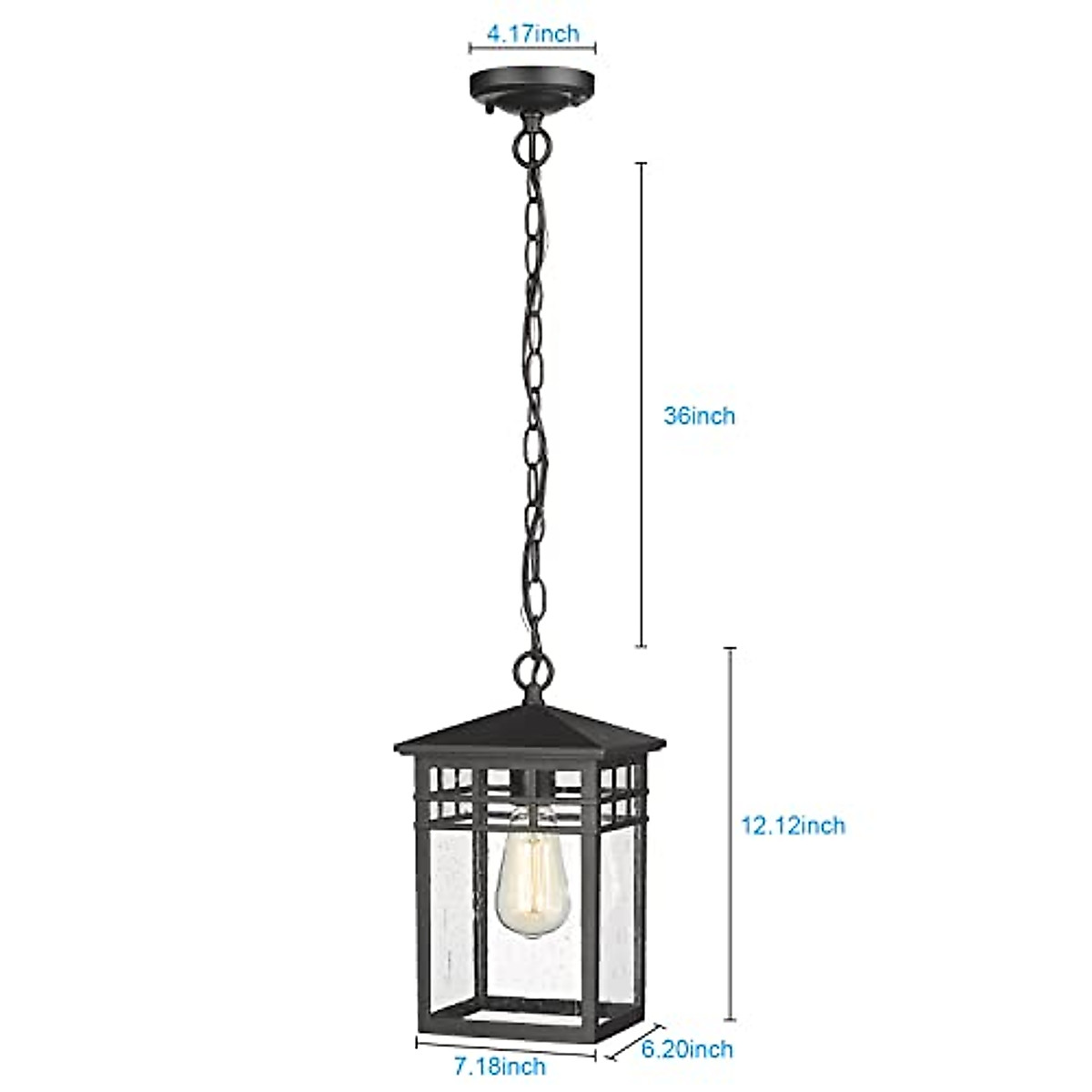 Diyel Outdoor Pendant Light Lanterns for Front Porch, Black Exterior Hanging Light Fixtures with Seeded Glass Shade for Patio, Entryway, Garage, Gazebo, RZ009-H BK