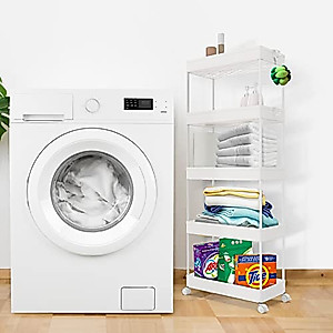 SPACEKEEPER 5-Tier Storage Cart, Bathroom Storage Organizer Rolling Utility Cart, Mobile Shelving Unit Slide Out Storage Shelves for Kitchen Living Room Bathroom Laundry Room & Dressers, White