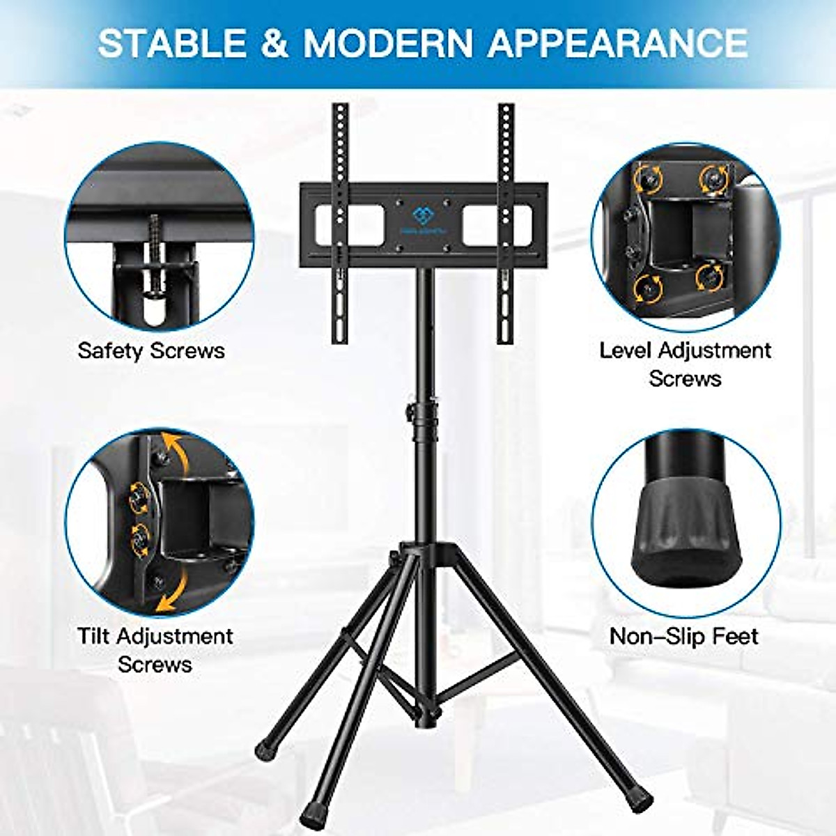 PERLESMITH TV Tripod Stand-Portable TV Stand for 23-60 Inch LED LCD OLED Flat Screen TVs-Height Adjustable Display Floor TV Stand with VESA 400x400mm, Holds up to 88lbs PSTM1