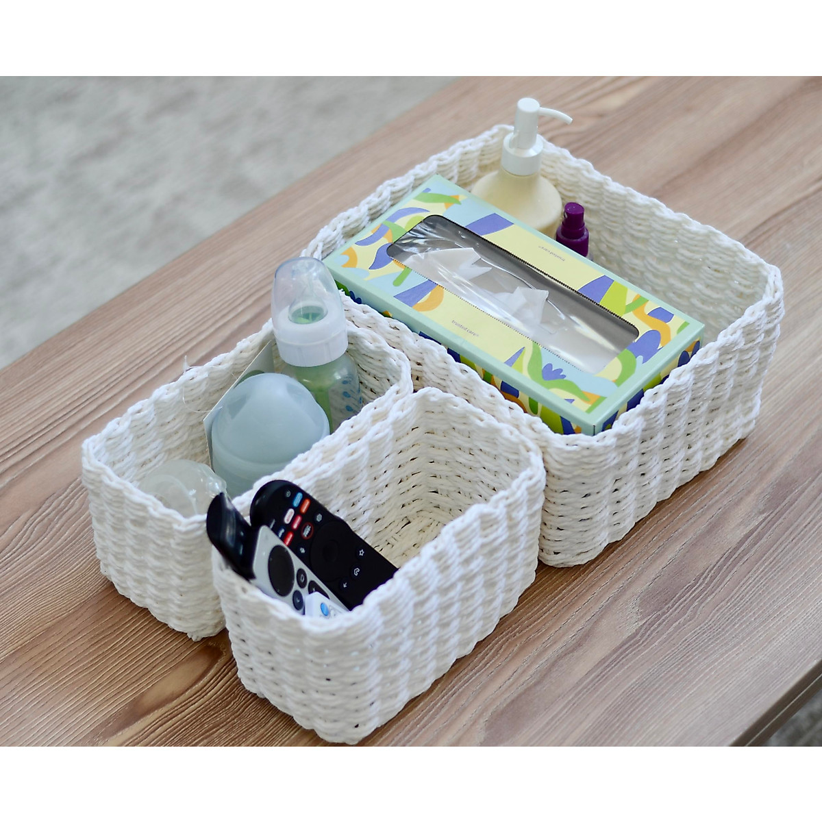 Set of 3 White Woven Baskets - Table Organizer, Natural and Eco-Friendly Storage Solution, Storage Baskets for Shelves, Toy Storage, Sustanabile Paper Rope Material