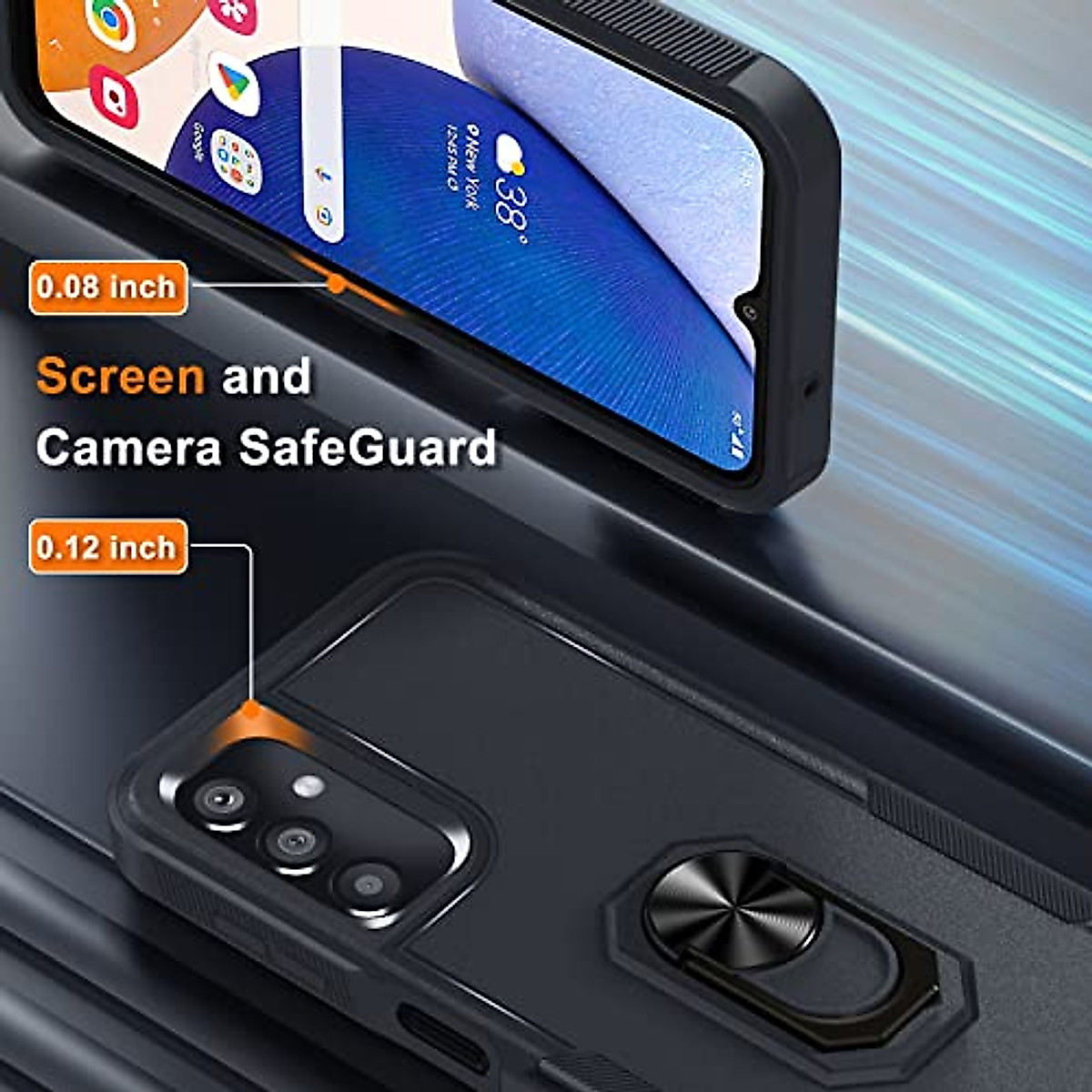 WRJ for Samsung Galaxy A14 4G LTE/5G Case with Screen Protector,[Military Grade][Shockproof Protection][Built-in Ring Kickstand] Heavy Duty PC+TPU Dual Layer Case Cover - Black