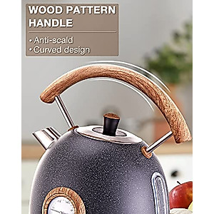 Electric Kettle - 1.7L Retro Tea Kettles for Boiling Water, Nature Stone Finish SMOLON Hot Water Boiler Teapot with Wood Pattern Handle, Food Grade Stainless Steel, Temperature Control, Auto Shut-off