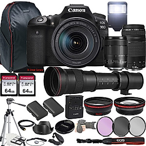 Canon EOS Rebel 90D DSLR Camera w/EF-S 18-135mm f/3.5-5.6 is USM Lens + EF 75-300mm f/4-5.6 III Lens + 420-800mm f/8.3 HD Lens + 2X 64GB Memory + Case + Filters + Tripod + More (35pc Bundle)