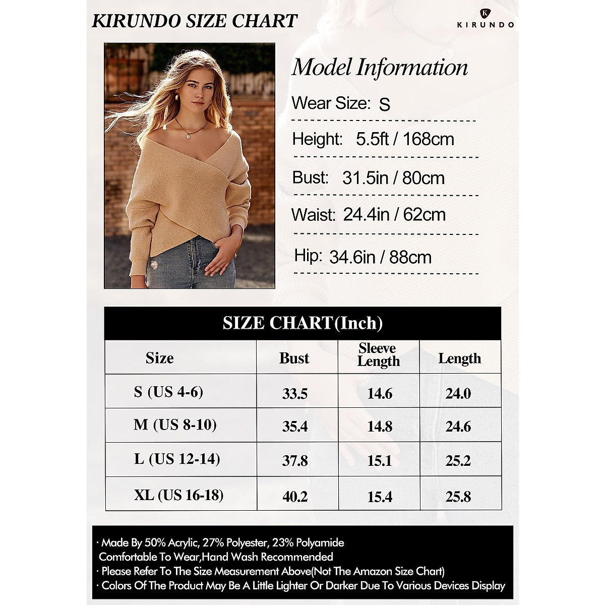 KIRUNDO 2024 Fall Winter Women's Long Sleeve Cross Wrap V Neck Knit Sweater Off Shoulder Backless Casual Pullover Tops(Apricot, Small)