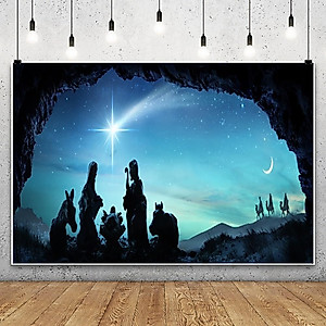 Leyiyi 10x8ft Merry Christmas Jesus Christ Nativity Backdrop Santa Marria Joseph Stone Cave Camels Donkey Cold Night Photography Background Baptism Happy New Year Photo Studio Prop Vinyl Wallpaper