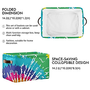 Kigai Tie Dye Storage Baskets Rectangle Foldable Canvas Fabric Organizer Storage Boxes with Handles for Home Office Decorative Closet Shelves Clothes Storage