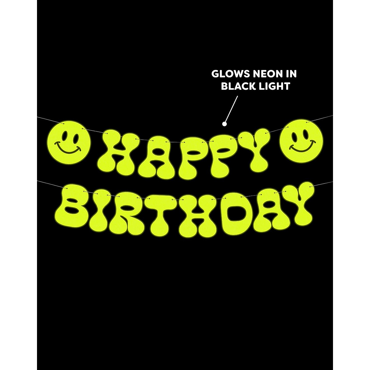 xo, Fetti Happy Birthday Smiley Rave Banner - Neon, 5 Ft. | Fun Birthday Party Decorations, Cute Festival Bday Decor, HBD, Preppy Party, Glow Photobooth Backdrop, Groovy Kids Party