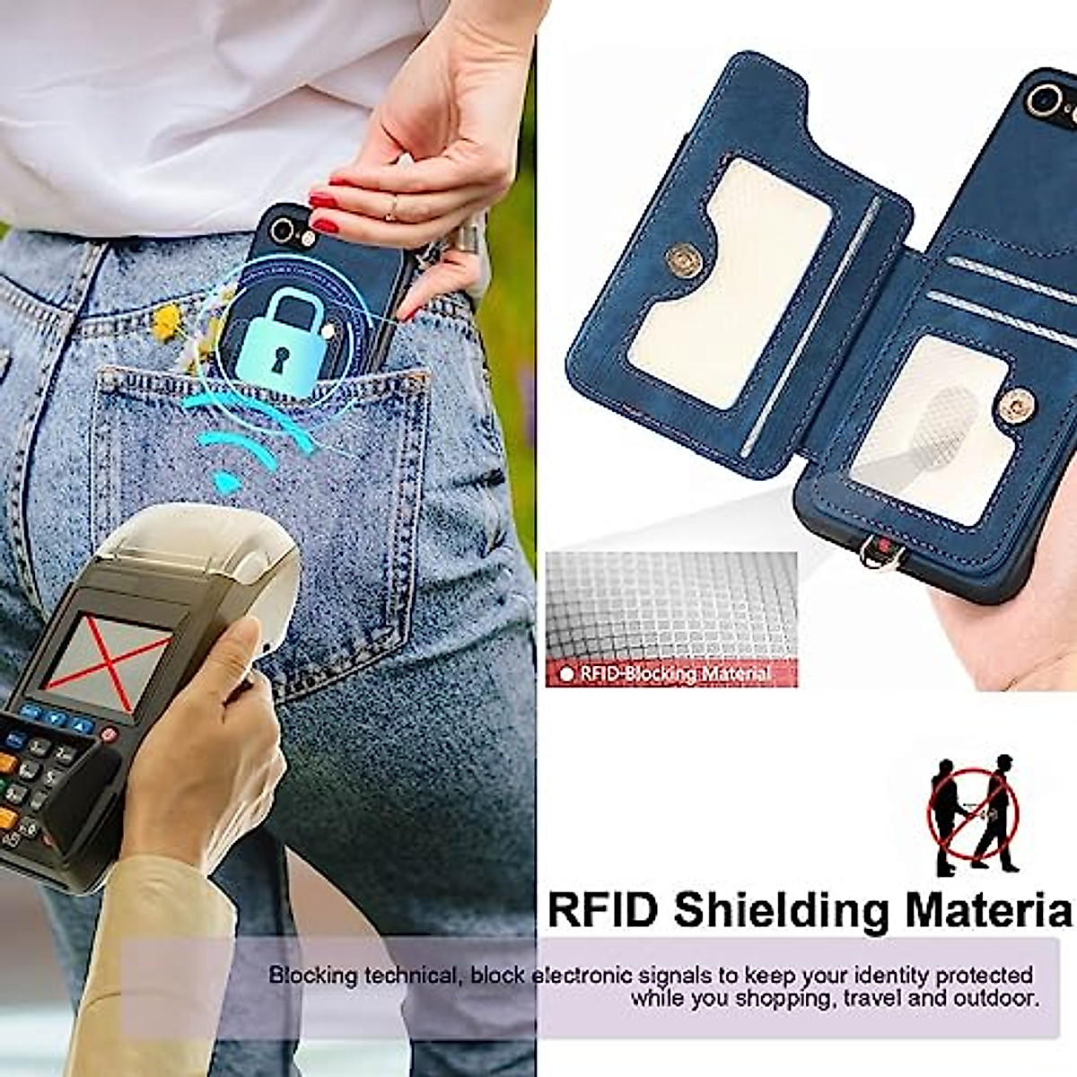 JanCalm for iPhone SE Case 2022/SE 2020 Case,for iPhone 8/7 Case,Card Holder Wallet,Ring Holder Stand,RFID-Blocking,Wrist Strap,Camera Protector,Leather Protective Magnetic Flip Cover (Blue)