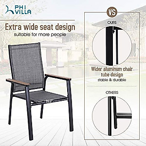 PHI VILLA Patio Stackable Dining Chairs, Lightweight Aluminum Outdoor Sling Chairs with Extra Wide Seat & Wood-Like Armrest, Stackable Space Saving Garden Lawn Chairs for All Weather, Set of 2
