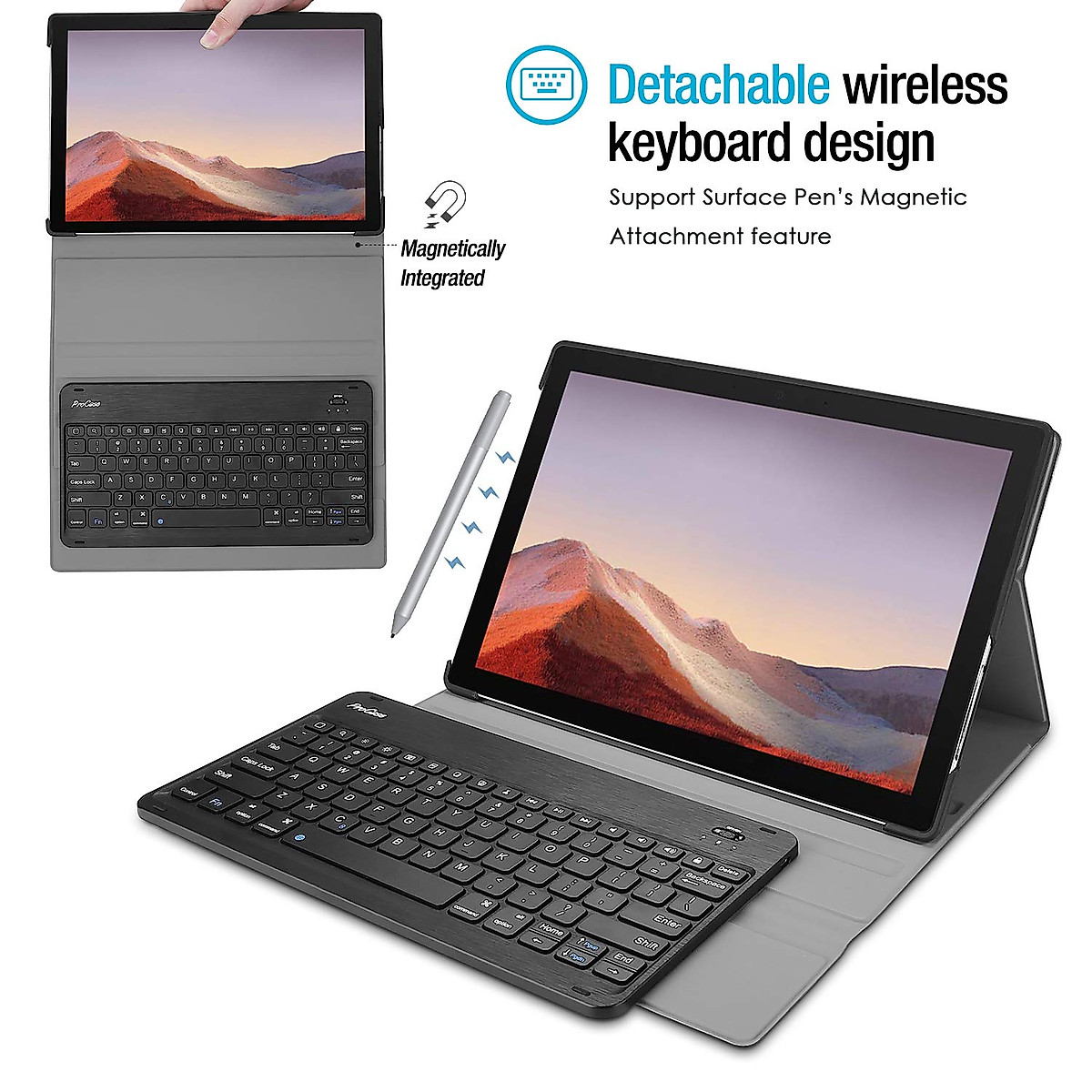 ProCase Keyboard Case for Surface Pro 7 (2019) /Pro 6 (2018) /Pro 5 (2017) /Pro 4 (2015) 12.3 Inch Tablet, Slim Lightweight Smart Cover with Magnetically Detachable Wireless Keyboard –Black