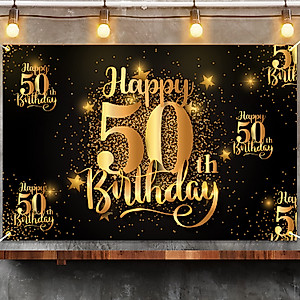 Mnixy Happy 50th Birthday Backdrop Banner Step and Repeat 50 Years Old Background Decorations for Women Men Her Him Photography Party Supplies Glitter Black Gold (1)