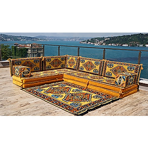 Yellow Premium Arabic Seating, Handmade Floor Couches, Sectional Sofas, Turkish Floor Sofas, Moroccan Livingroom Sofas, Arabic Majlis, Sofa Slipcovers, Living Room Furniture (L Sofa + Rug)