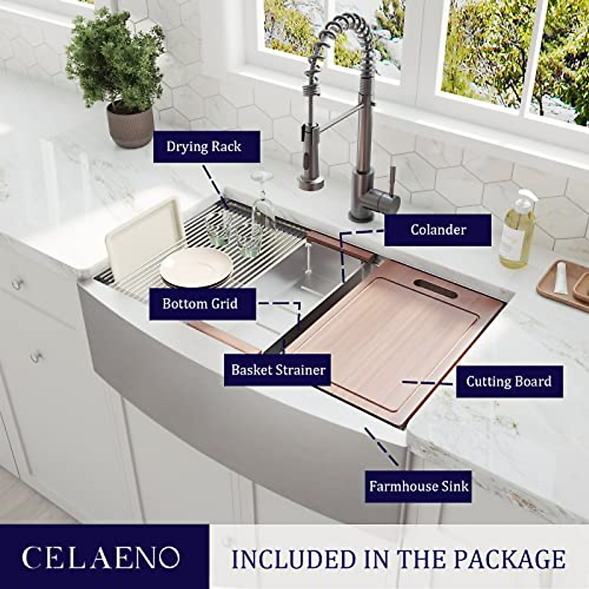CELAENO 33-inch Farmhouse Kitchen Sink,Single Bowl Stainless Steel Workstation Kitchen Sink 18 Gauge, Deep Handmade R10 Radius All in One Kitchen Sink