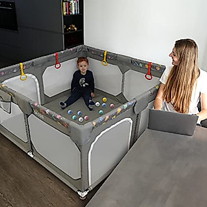 59" ×59"Playard with Gates,Indoor Baby playpen,Detachable and Assembled Children Fence, Babies Enclosure with Cute Pattern,Small Playground for Kids, Infant Care Playpin|Light Grey