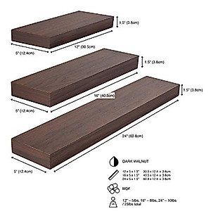 Kiera Grace kieragrace KG Maine Floating Shelves-Dark Walnut, 12", 16", 24", Set of 3 Wall Organization