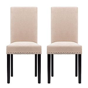 NOBPEINT Dining Chair Upholstered Fabric Dining Chairs with Copper Nails,Set of 2,Beige