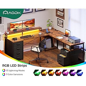 AODK 66" L Shaped Computer Desk, 113“ Reversible Home Office Desk with File Cabinet & 4 Fabric Drawers, Two Person Desk with LED Lights & Power Outlet, Corner Gaming Desk with Monitor Shelf, Vintage