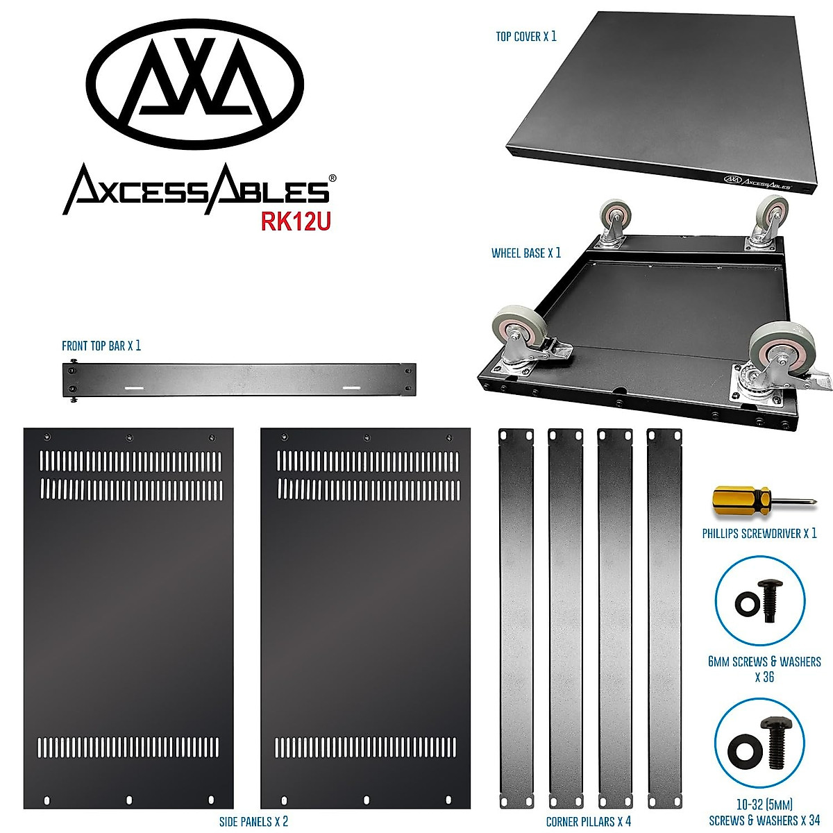 AxcessAbles 12U AV Rack Stand | 12 Space Component Rack Cabinet | Removable Side Panels for Open-Frame | 550lb Capacity Four Post Network Server Case| 19-Inch Rack-mountable Cabinet (RK12U)