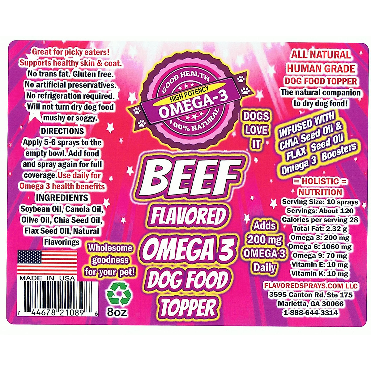 Flavored Sprays Bacon and Beef Flavored Omega 3 Sprays,All Natural,no Artificial Ingredients,Made in The USA