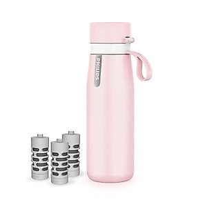 PHILIPS Insulated Stainless Steel Filtered Water Bottle, Replaces 450 Plastic Bottles with 3 GoZero Everyday Water Filters, BPA-Free, Keeps Cold/Hot, 18.6oz Pink