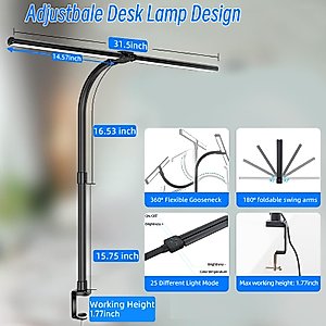 Mellkang Double Head Gooseneck Desk Lamp with Remote, 31.5 inch Super Wide 24W Bright Architect Table Lights with Clamp, Dimmable Eye Protection Lamp for Reading, Monitor or Studio Tasks