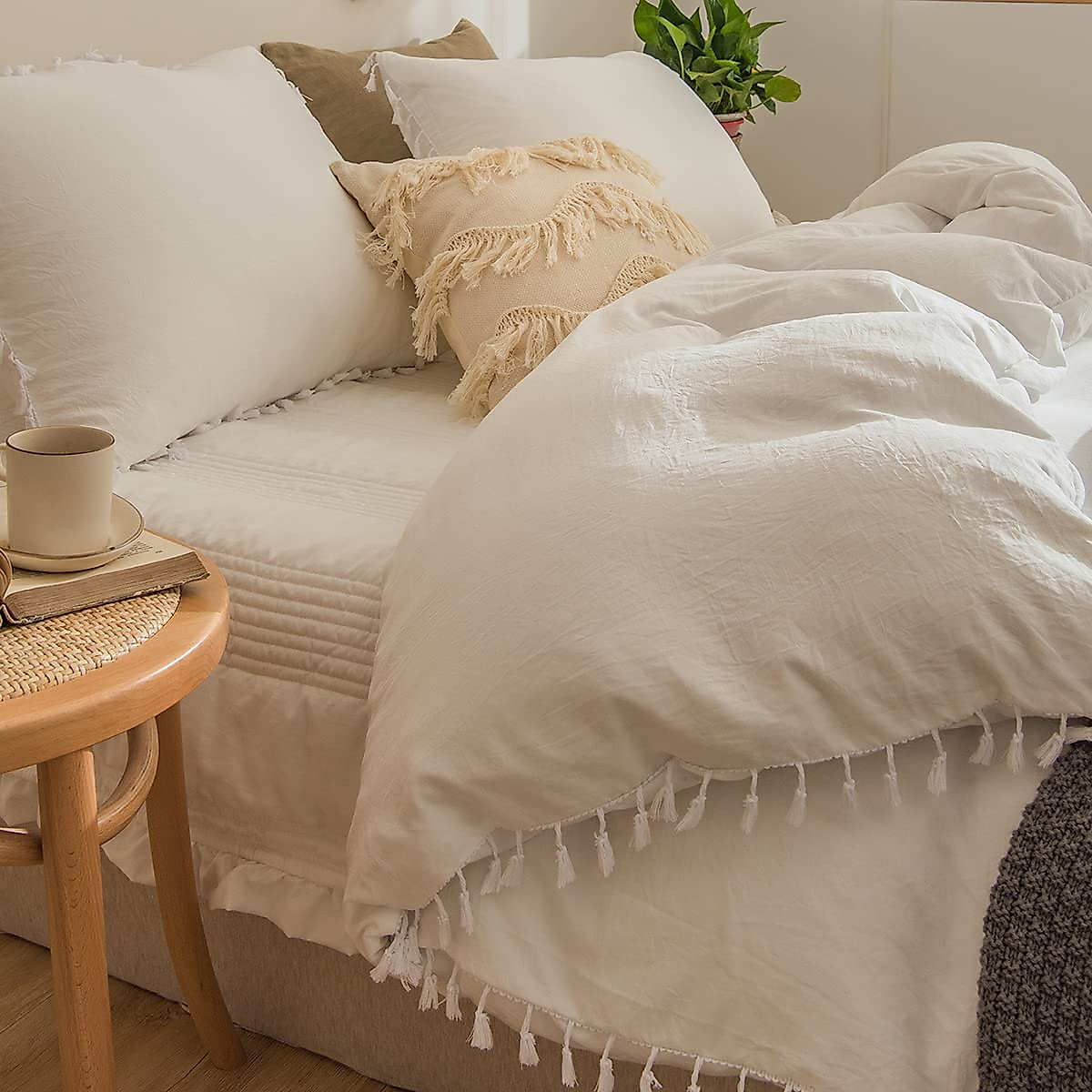 MOOWOO Boho Chic Bedding Twin Size,2 PC White Tufted Tassel Duvet Cover Set,Aesthetic Bedding,Solid,Soft and Breathable with Zipper Closure & Corner Ties