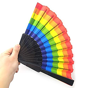 AMS Rainbow Hand Fans, Pride Fan Folding Hand Fan, Colorful Hand Held Fan, Plastic Folding Fan for Music Festival Events and Dance Supplies (10pcs Black Slats).