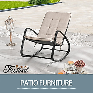 Festival Depot Patio Upholstered Rocking Chair Lounge Chairs Living Room Sofa Glider Rocker Chair w/Metal Frame Removable Cushion High Back Widened Seat Best Comfy Modern Portable
