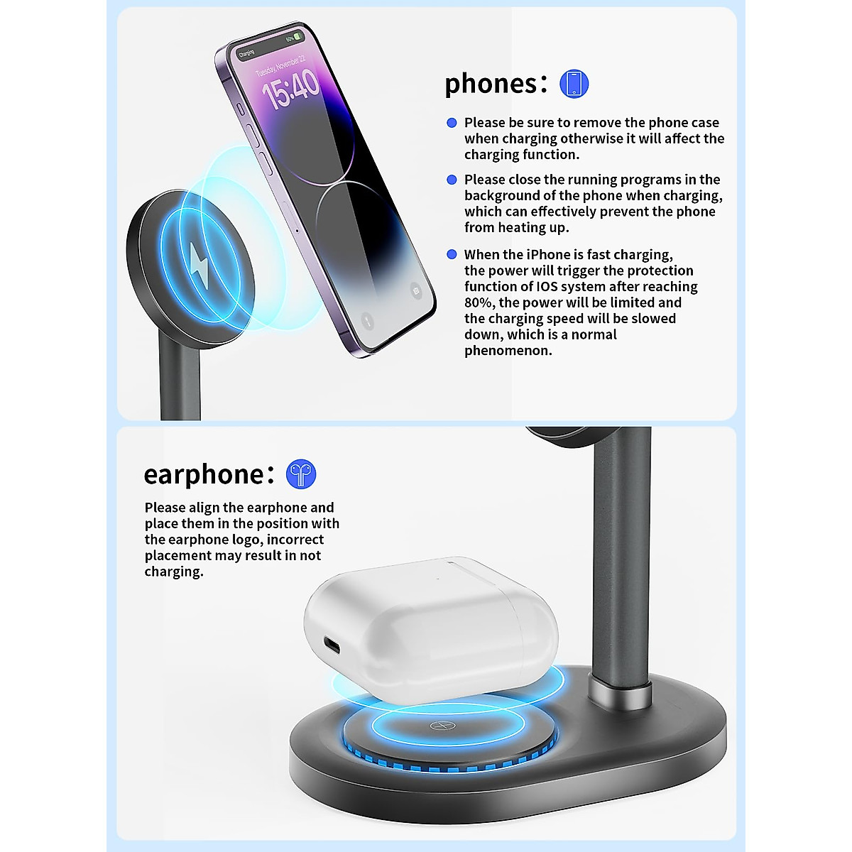 2 in 1 Magnetic Wireless Charger, 15W Fast Charging Mag-Safe Charger Stand for iPhone 15/14/13/12 Series, Wireless Charging Station for AirPods 3/Pro/2 (with QC3.0 Adapter)