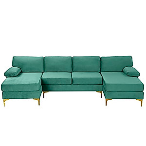 Modern Large Velvet Fabric U-Shape Sectional Sofa, Double Extra Wide Chaise Lounge Couch with Gold Legs