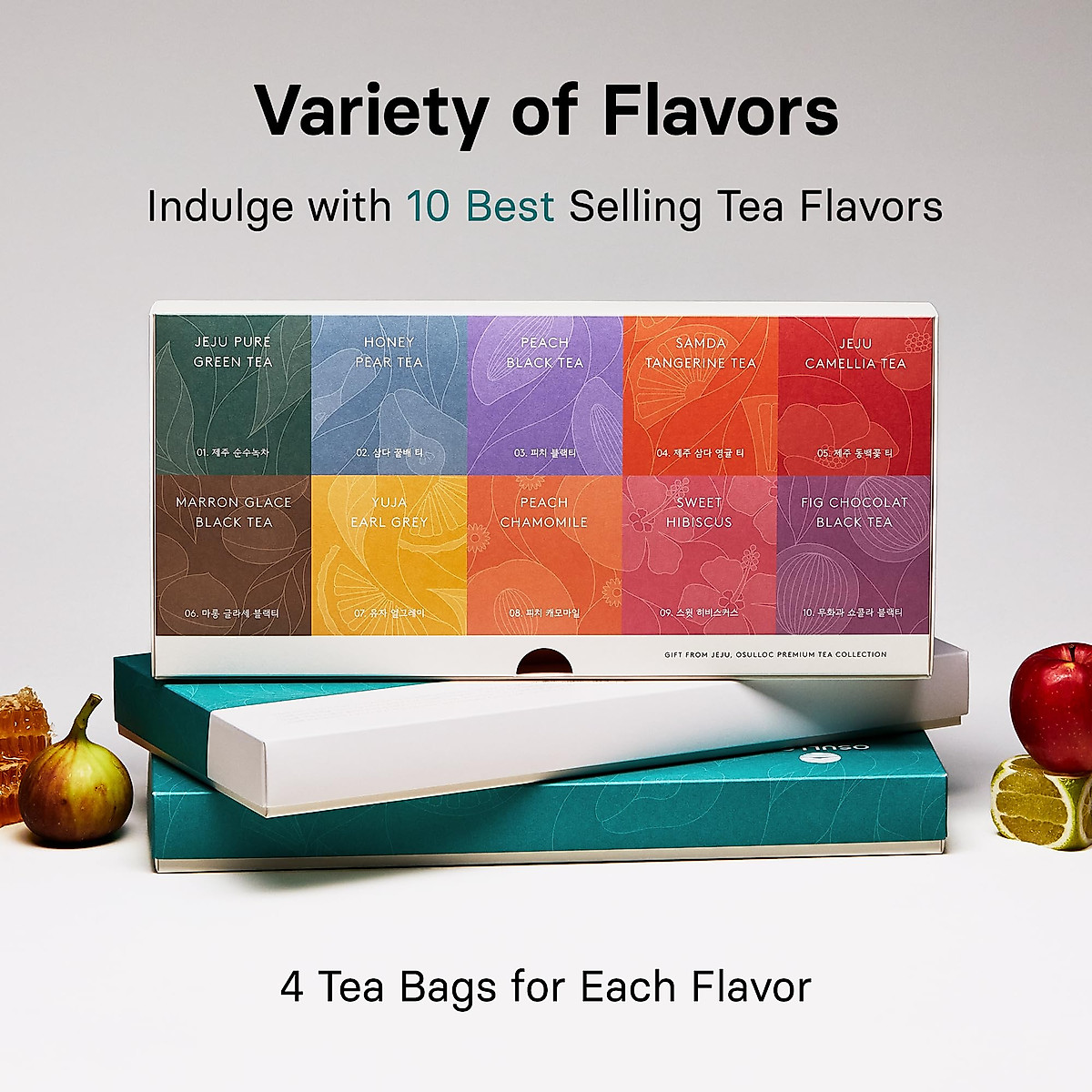 OSULLOC Premium Tea Collection Gift Set, Premium Organic Pure & Blended Tea from Jeju, Tea Bag Series 40 count, 8 flavors x 5 EA