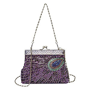 KISSCHIC Vintage Beaded Sequin Peacock Clutch Purse Evening Bags (Purple)