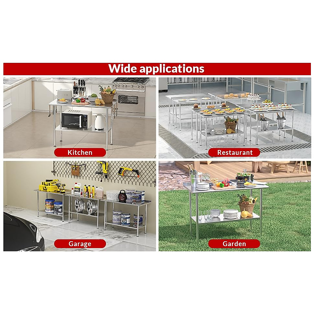 Atelicf Stainless Steel Prep Table for Work, 24 * 48 Inch, High Load Bearing with Undershelf and Backsplash for Outdoor, Restaurants, Hotels, Workshops, Kitchens, Garages and Gardens