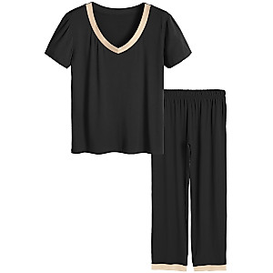 Latuza Women's V-neck Short Sleeves Pajama Set L Black
