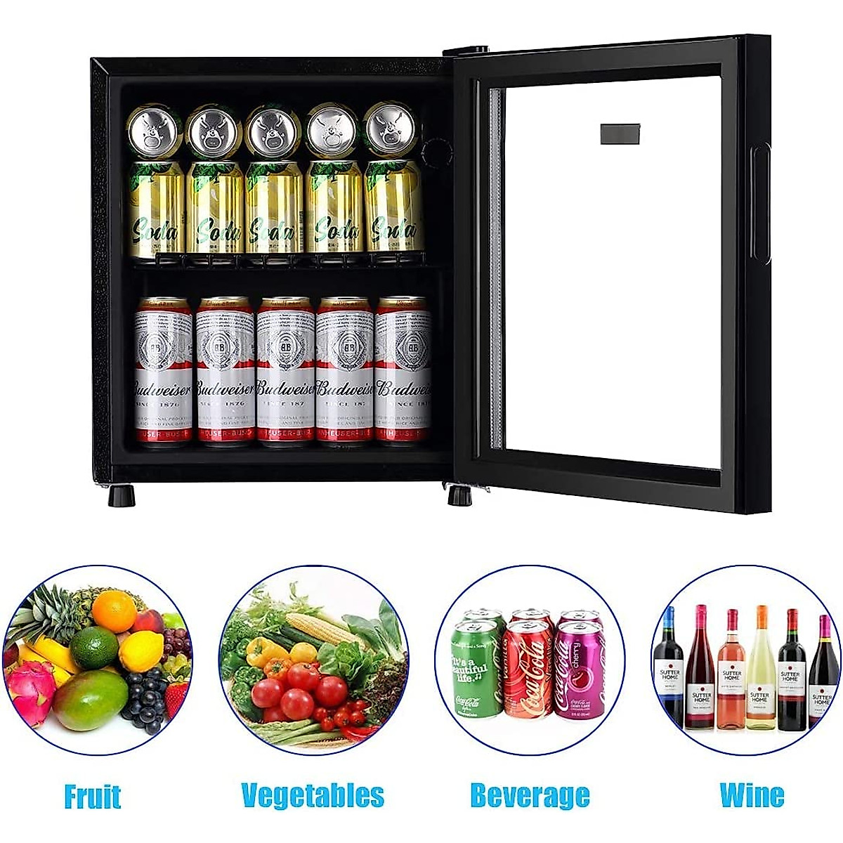 Mini Fridge Glass Door 60 Cans Beverage Cooler Refrigerator Mini Beer Fridge 1.6 cu.ft Organizer for Drinks Soda Wine Small Refrigerator with Blue LED for Home Office Dorm