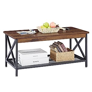 VECELO Coffee Table with 2-Tier Storage Shelf X-Frame for Living Room Office Industrial Style, Easy Assembly, Brown