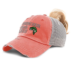 Speedy Pros Womens Ponytail Cap Fishing Hair Don't Care Embroidery Cotton Distressed Trucker Hats Strap Closure Coral