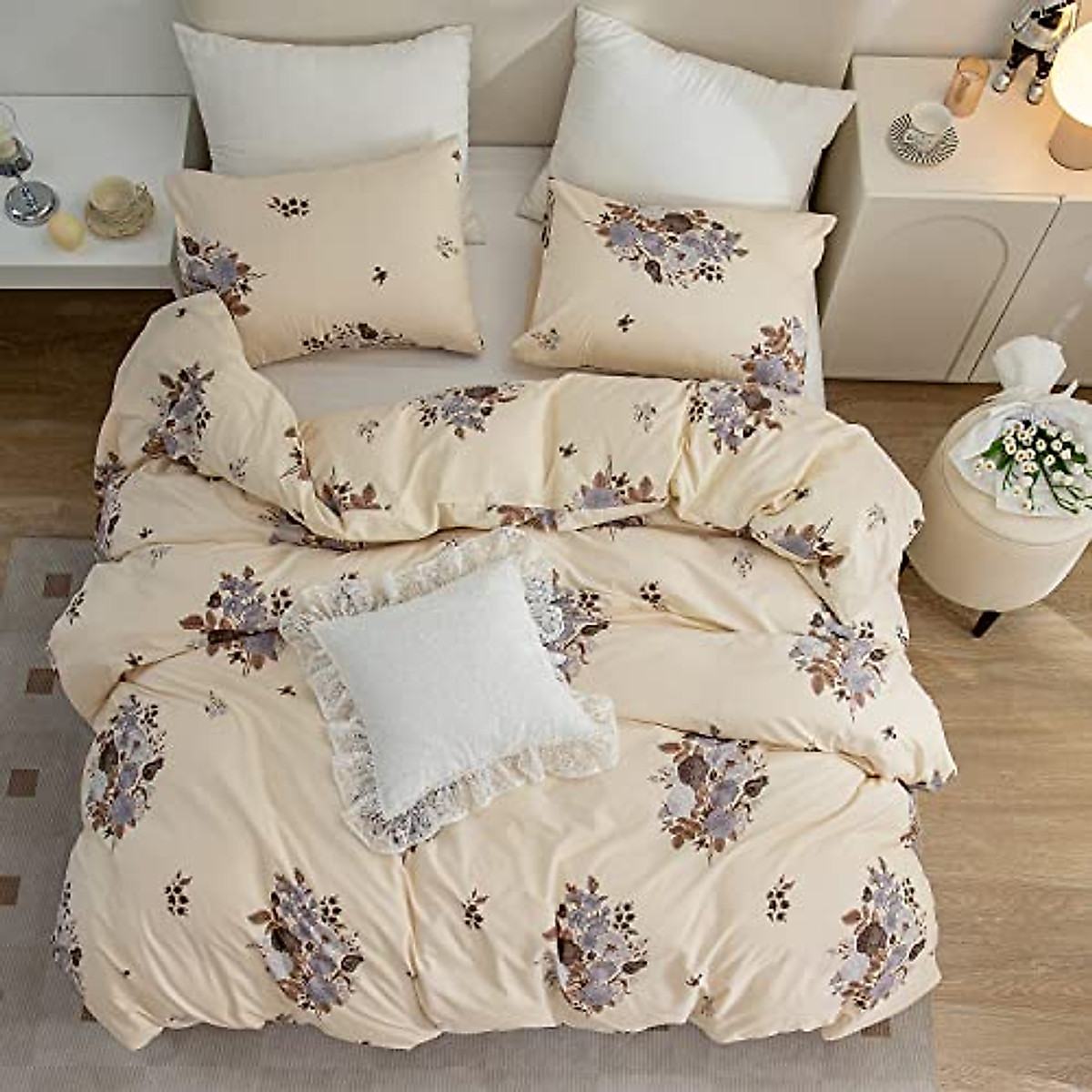 ERZRGA Queen Duvet Cover Flower, 100% Cotton Chic Flower Bedding Sets Queen 3 Pieces Garden Vintage Style Floral Queen Duvet Cover, 1 Duvet Cover and 2 Pillowcases with Zipper Closure (Flower, Queen)