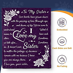 Throw Blanket Sister Gifts, Fleece Blanket Sisters Gifts from Sister, Sister Blanket Birthday Gifts for Sister, Gifts for Women Purple Flannel Lightweight Soft Blanket to My Sisters for Bed Couch