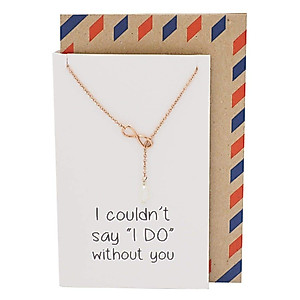 Quan Jewelry Handmade Maid of Honor Gift, Infinity and Pearl Lariat Necklaces, Bridesmaids Necklace with Greeting Card, Rose Gold Tone