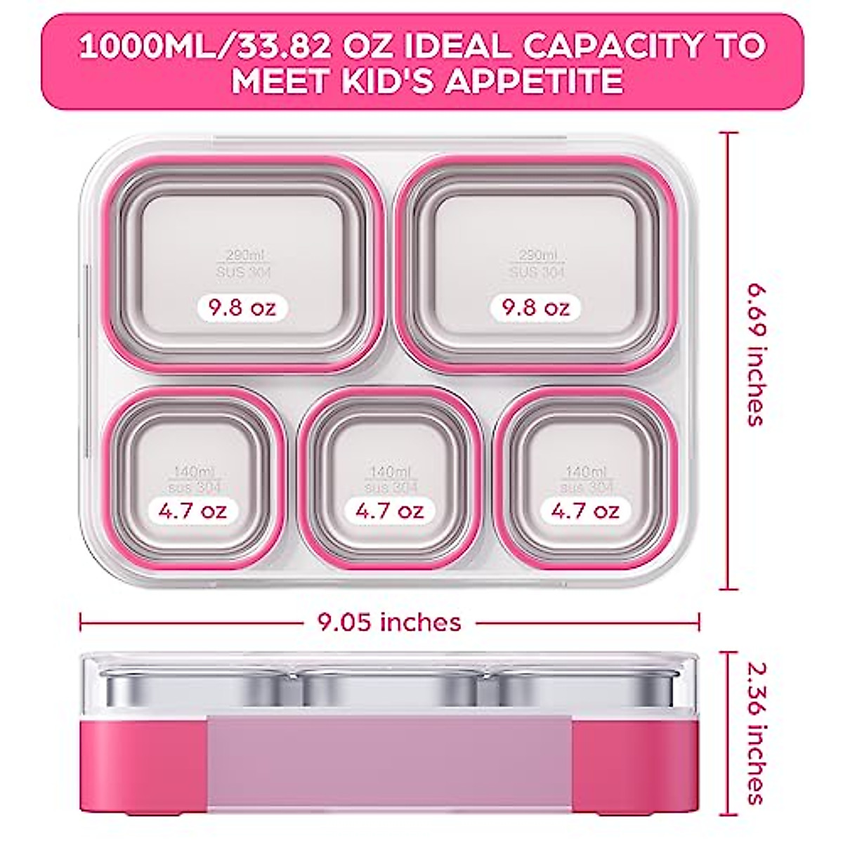 TIME4DEALS Stainless Steel Bento Lunch Box Kids Adult - Leak Proof School Lunch Container with 5-Compartment and Fork Lunch Bag Set for Toddler Child Bento Box for Work Picnic Outdoor, BPA-Free (Pink)