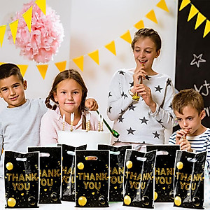 ANGOLIO Birthday Treat Party Bags - 50Pcs Black and Gold Party Favors Bags Print Easter Black Gold Balloon with Handles Plastic Gifts Bags Thank You Birthday Snack Bags Happy Party Favor Supplies
