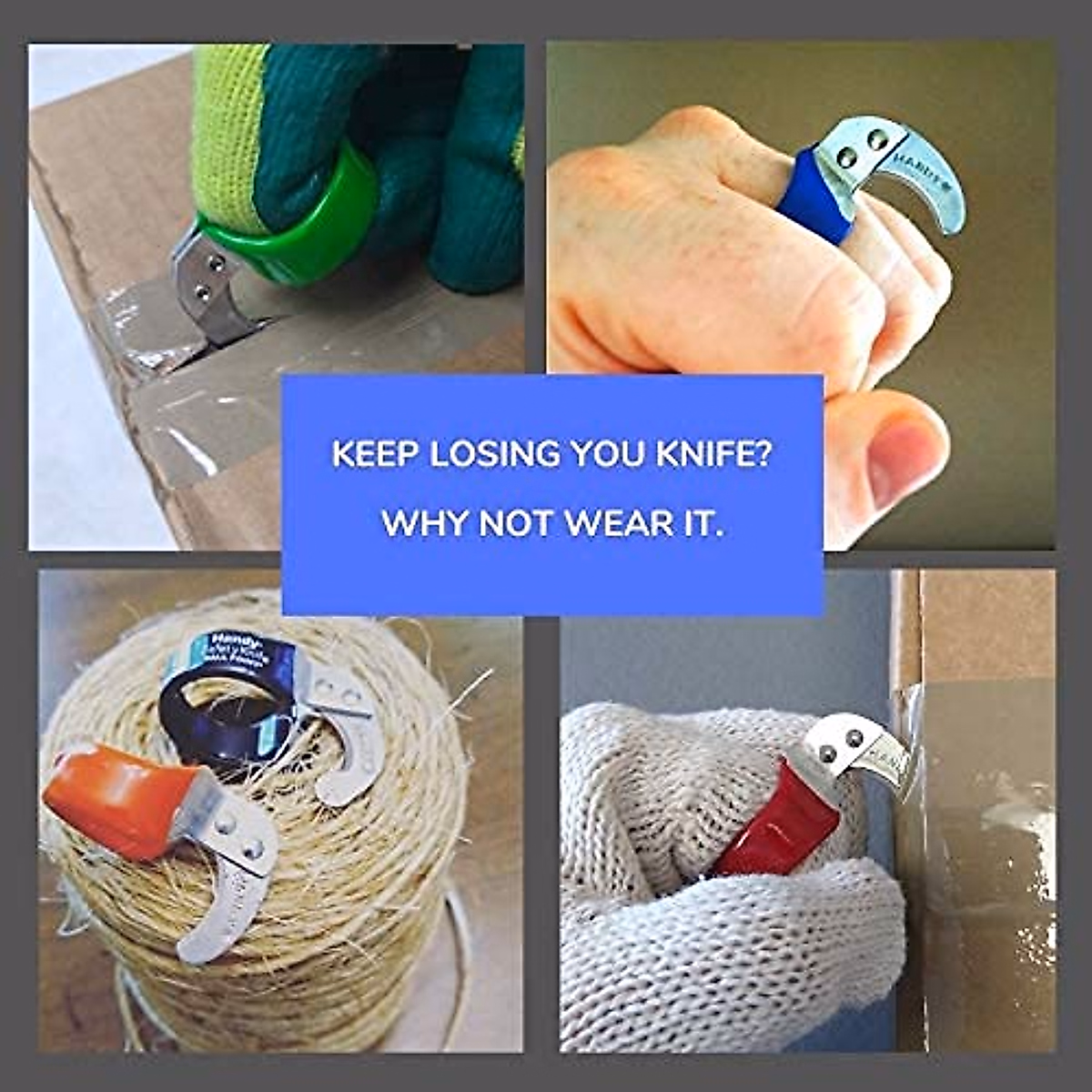 The Original Handy Safety Knife - Utility Ring Knife for Finger with Sharp, Curved Blade - Ring Size 11 - Blue - Standard Blade - Dozen - By Handy Twine Knife