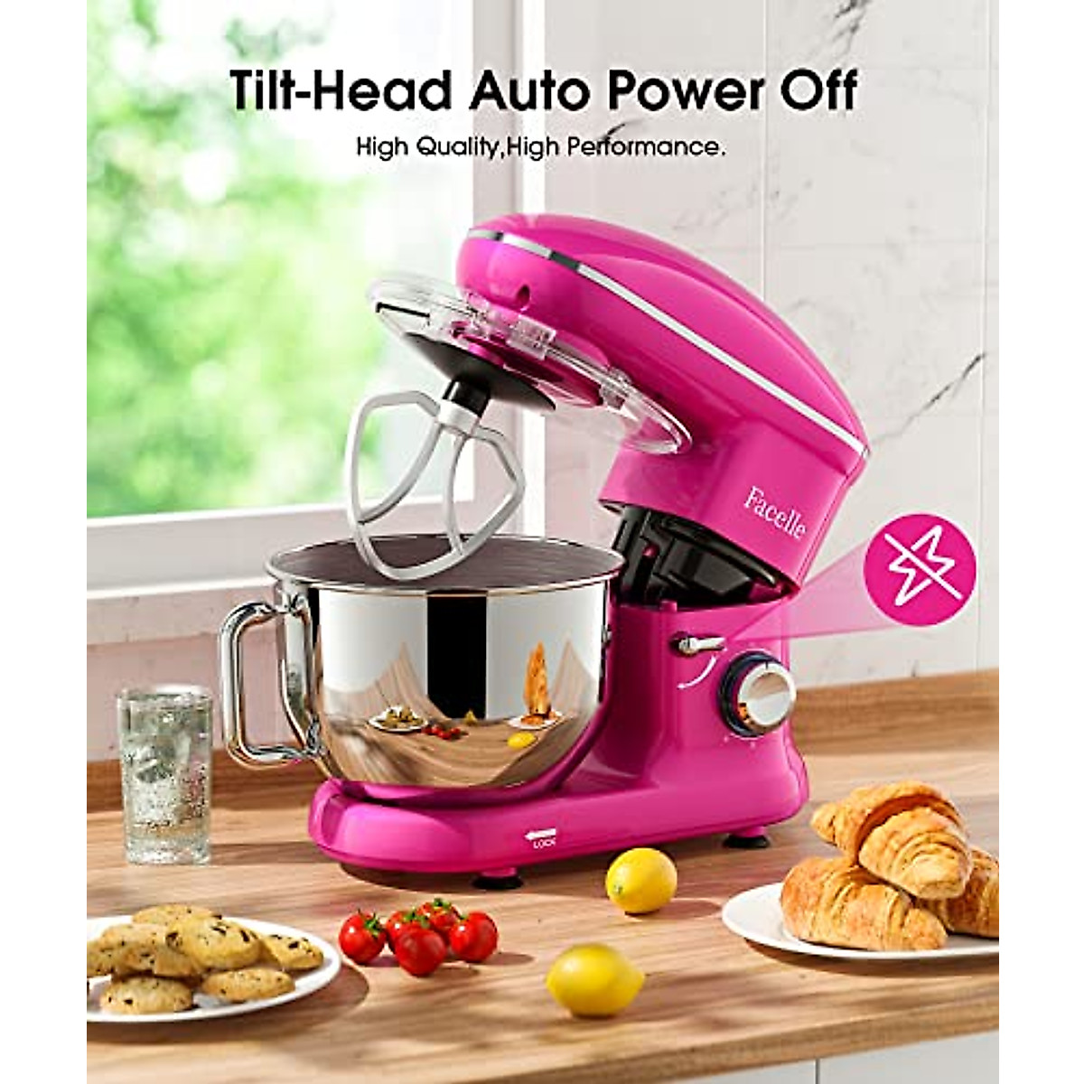 Facelle Stand Mixer, 660W 6 Speed Electric Kitchen Mixer with Pulse Button, Attachments include 6.5QT Bowl, Dishwasher Safe Beater,Dough Hook,Whisk & Splash Guard for Dough,Baking,Cakes,Cookie(Purple)