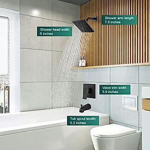 Heyalan Bathtub Shower Faucet Set,6 Inch Square Shower Trim Kit Single Handle Shower System,Showerhead and Handle Set Male Thread Pressure Balance Valve,With Tub Spout,Matte Black
