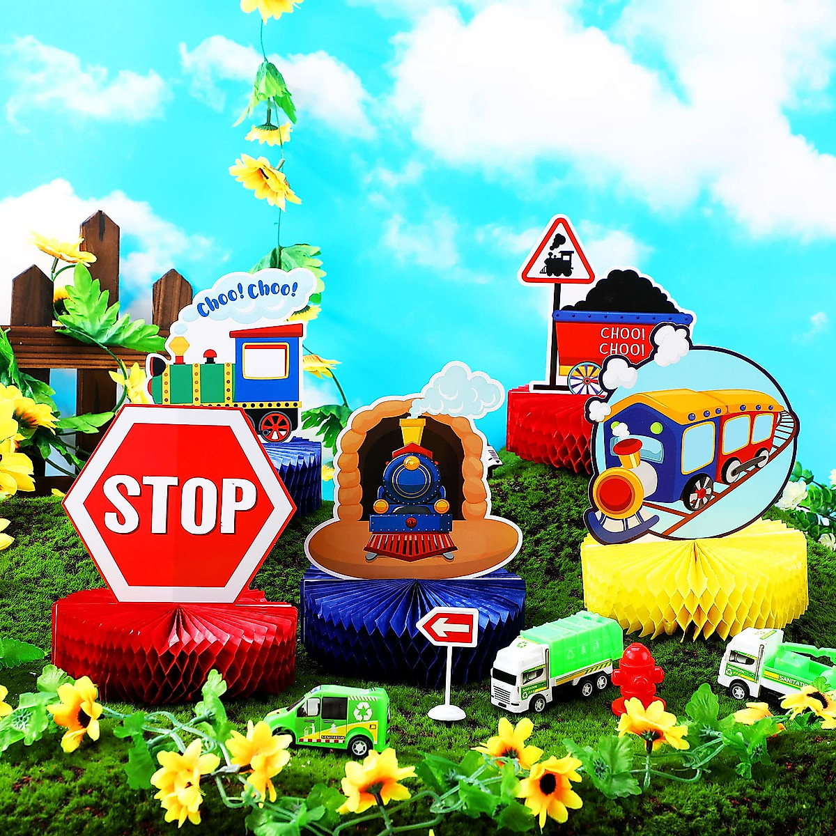 9 Pcs Railroad Train Crossing Theme Honeycomb Centerpieces Party Decorations Railway Train Centerpiece Decoration Birthday Railroad Crossing Sign Table Topper Kids' Party Centerpieces Photo Booth Prop
